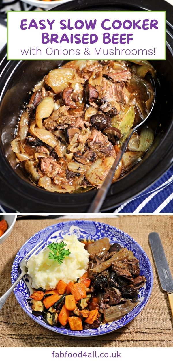 Easy Slow Cooker Braised Beef with Onions & Mushrooms