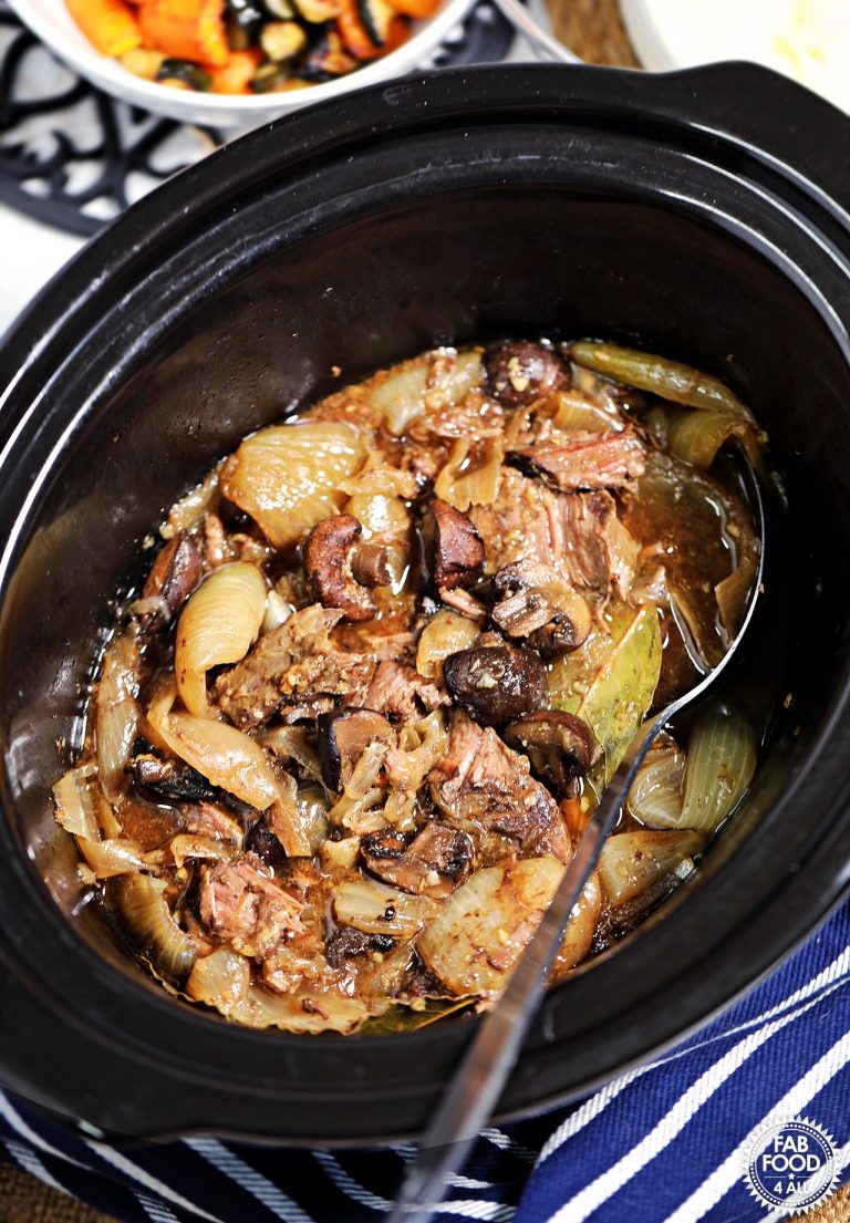 Easy Slow Cooker Braised Beef with Onions & Mushrooms