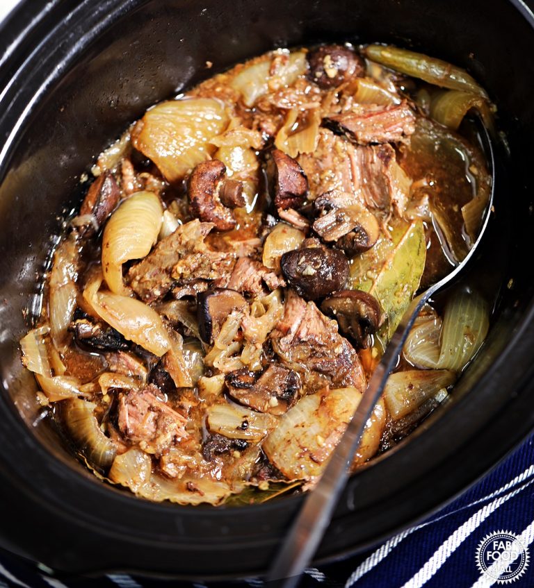 Easy Slow Cooker Braised Beef with Onions & Mushrooms