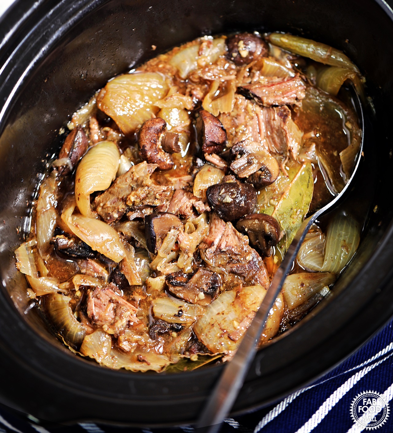 Easy Slow Cooker Braised Beef with Onions & Mushrooms